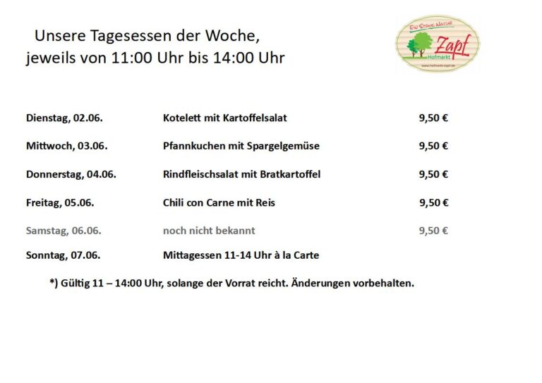 Die Tagesessen vom 02.06.-07.06.2026 – Hofmarkt Zapf Kandel